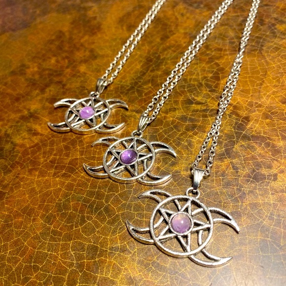 Jewelry | Triple Moon Hecate Purple Amethyst Necklace Pentagram Jewelry ...
